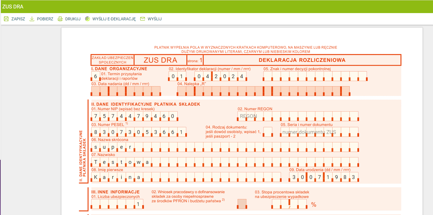 Deklaracja rozliczeniowa ZUS DRA (roczna) na podstawie deklaracji ...